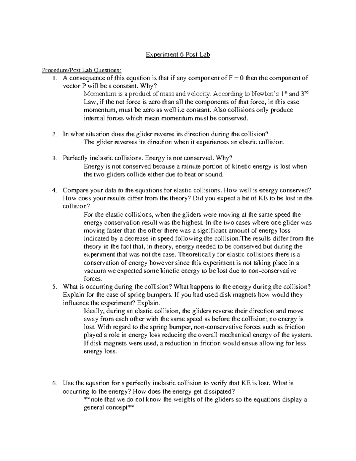 [Physics I] Experiment 6 Post Lab Analysis and Results - Studocu