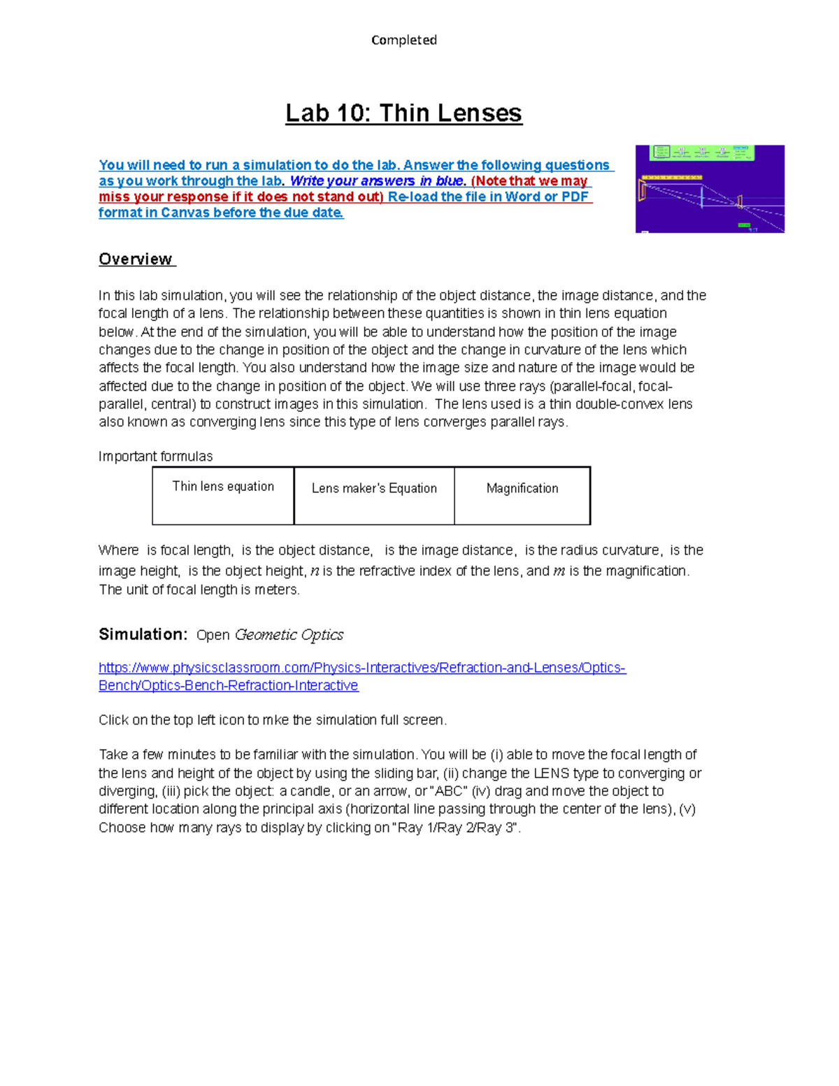 Lab 10: Exploring Thin Lenses in Simulation and Calculations - Studocu
