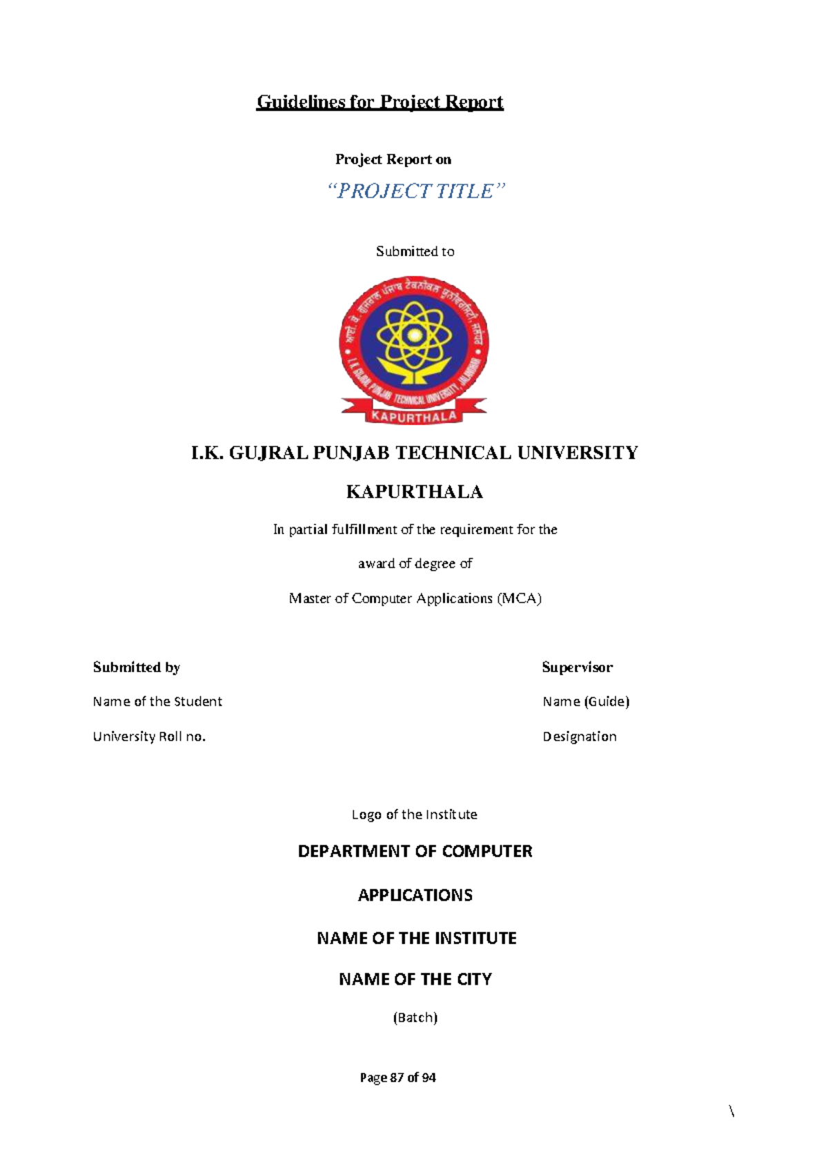 MCA 2021 Project Report Guidelines for Submission and Acknowledgment - Studocu
