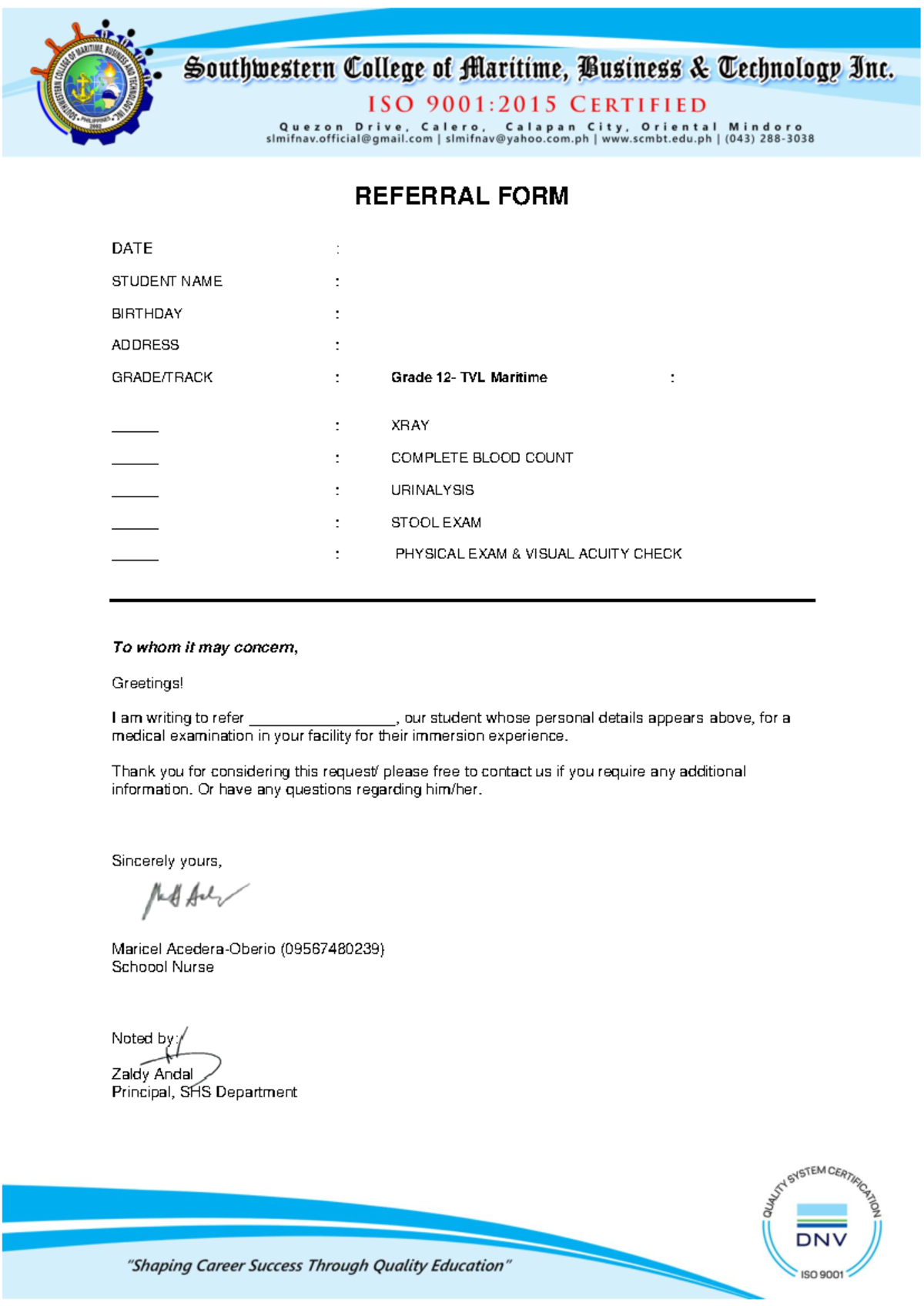 Referral Forms - For Mathematics - DATE : STUDENT NAME : BIRTHDAY ...