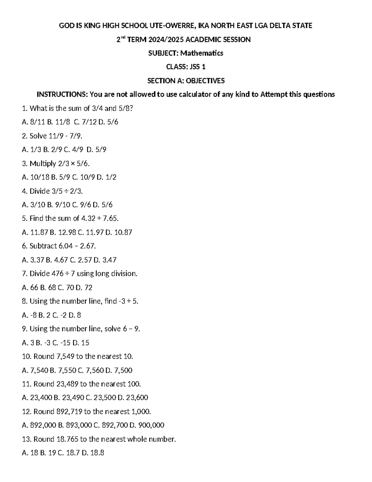 JSS 1 Mathematics 2nd Term Exam Questions & Theory Notes - Studocu