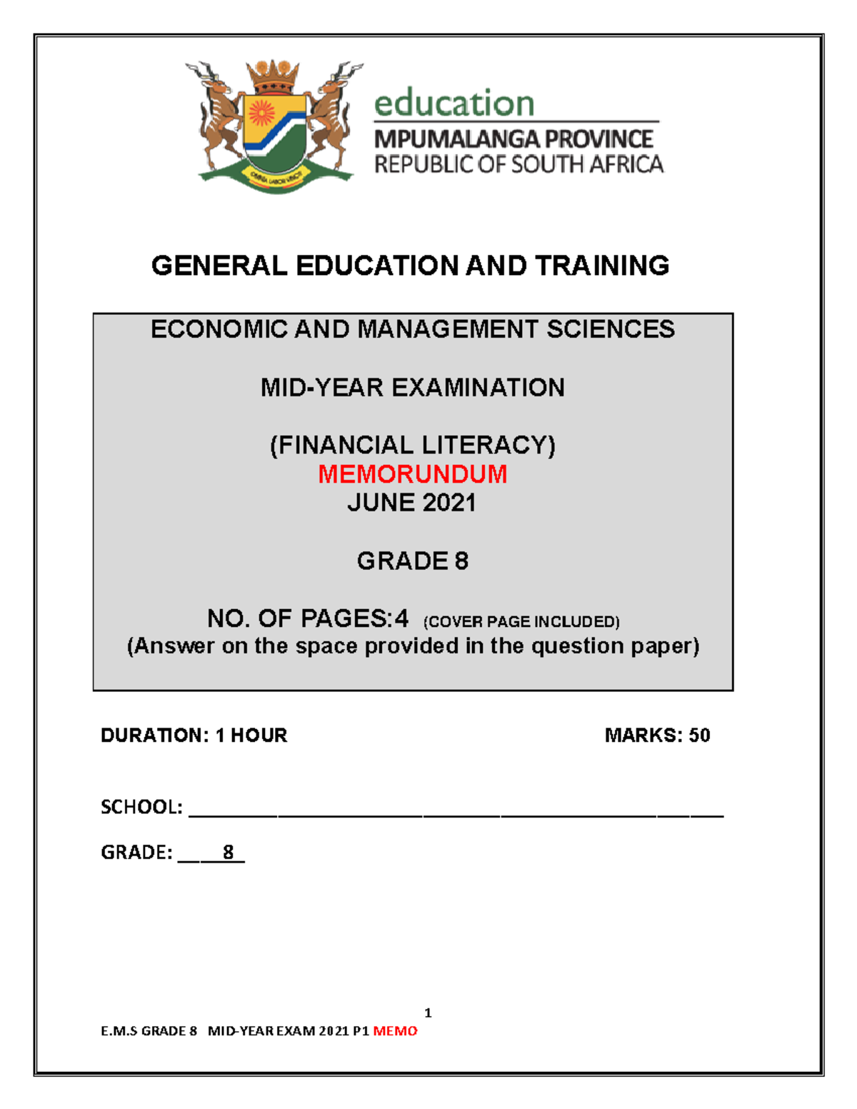 Grade 8 EMS Mid-Year Exam Memo 2021 (Financial Literacy) - Studocu