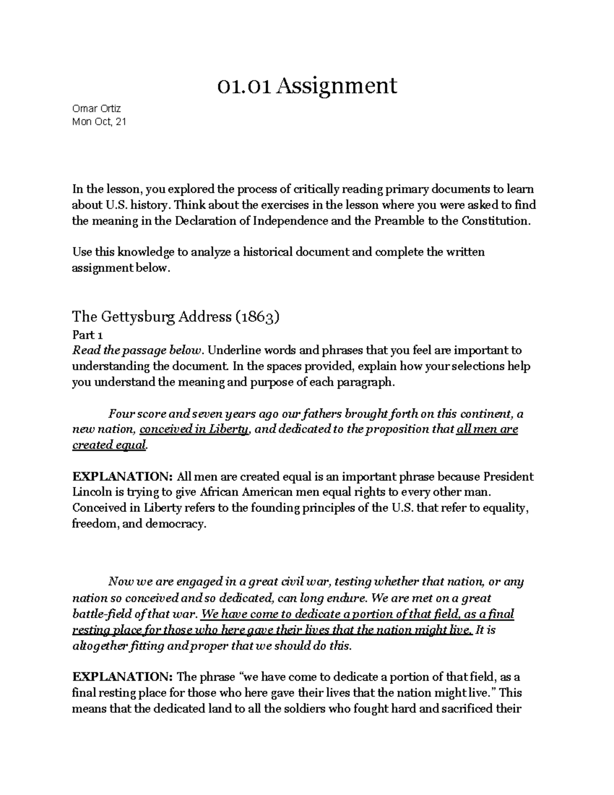 01.01 Assignment: Analyzing the Gettysburg Address in U.S. History ...