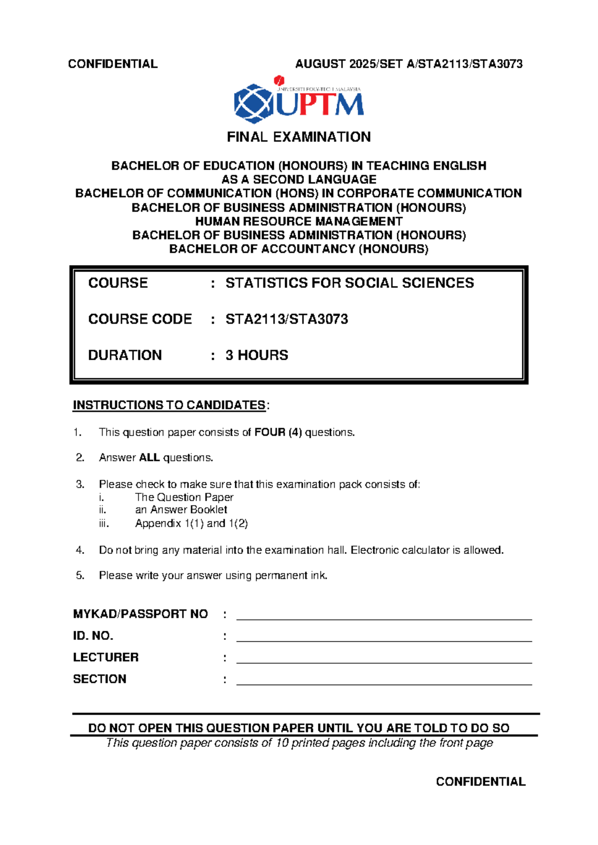 FE STA2113 STA3073 AUGUST FINAL EXAMINATION QUESTION PAPER SET A - Studocu