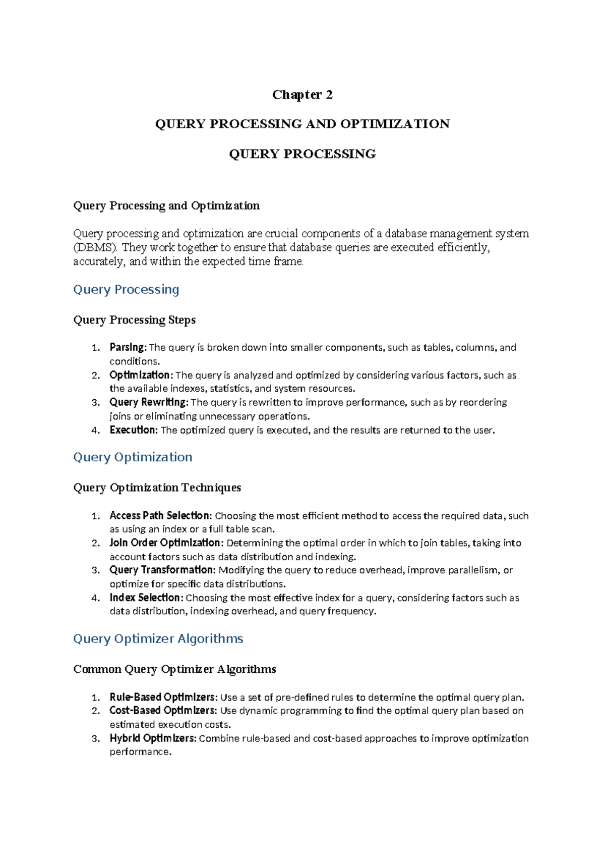 Chapter 2: Query Processing and Optimization in DBMS - Studocu