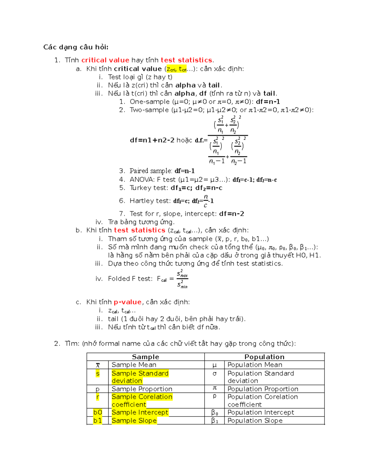 Các dạng câu hỏi thi Final - Tính critical value và test statistics ...