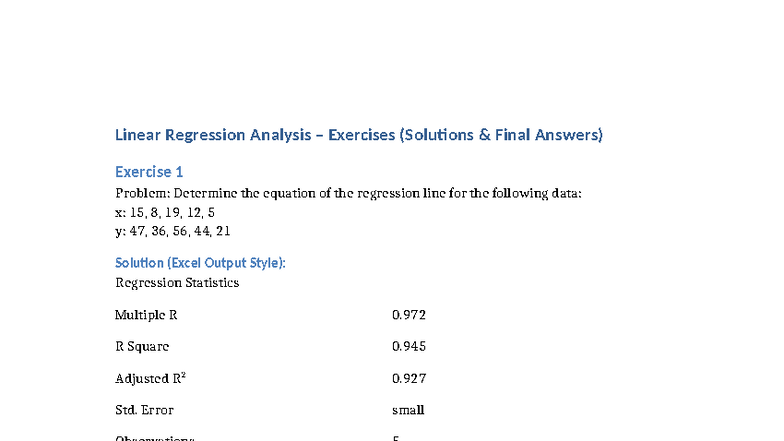 Linear Regression Analysis Exercises (Solutions) INB 605 - Studocu