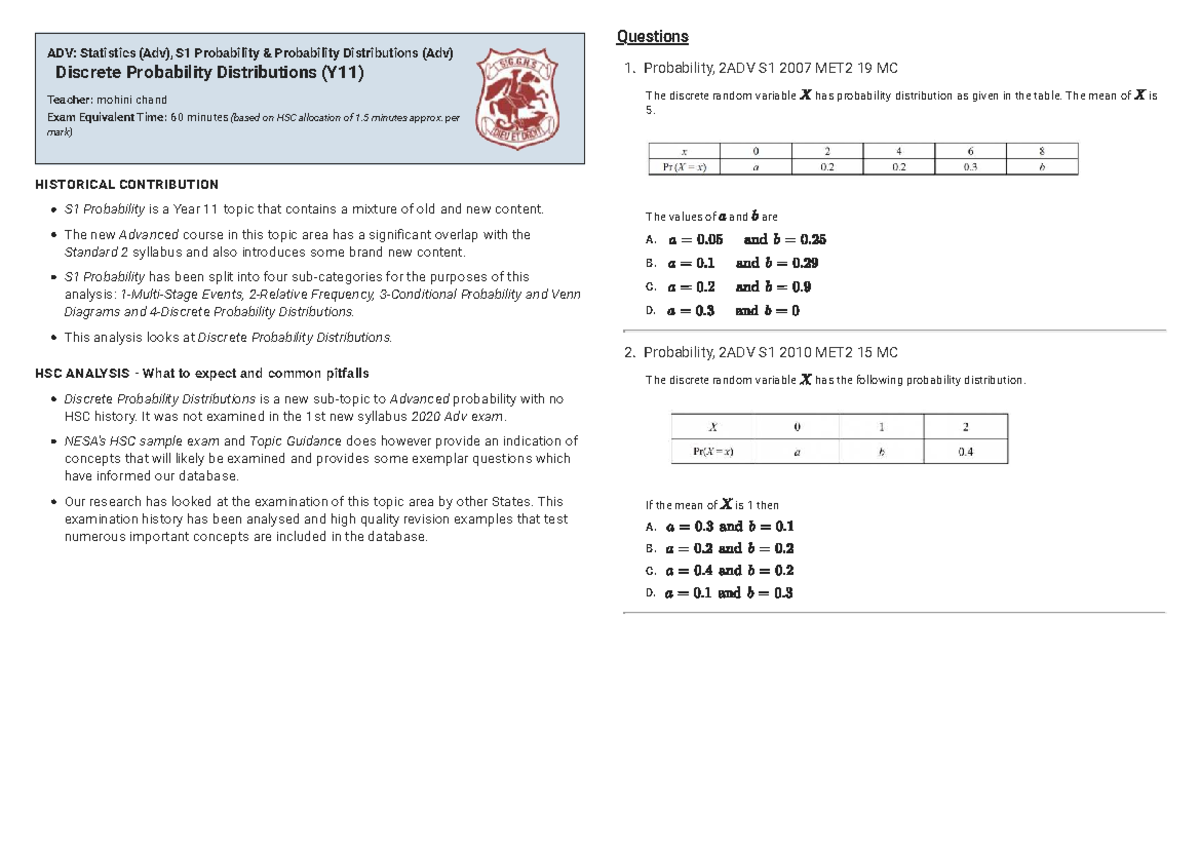ADV: S1 Discrete Probability Distributions Analysis and Exam Prep - Studocu