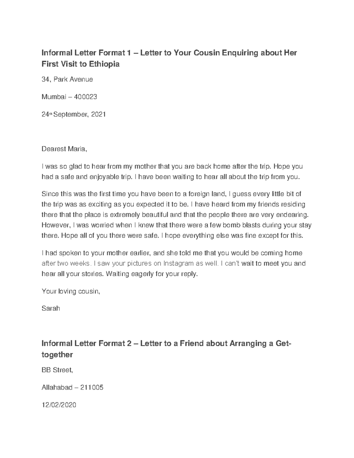 Informal Letter Examples: Formats & Illustrative Letters - Studocu