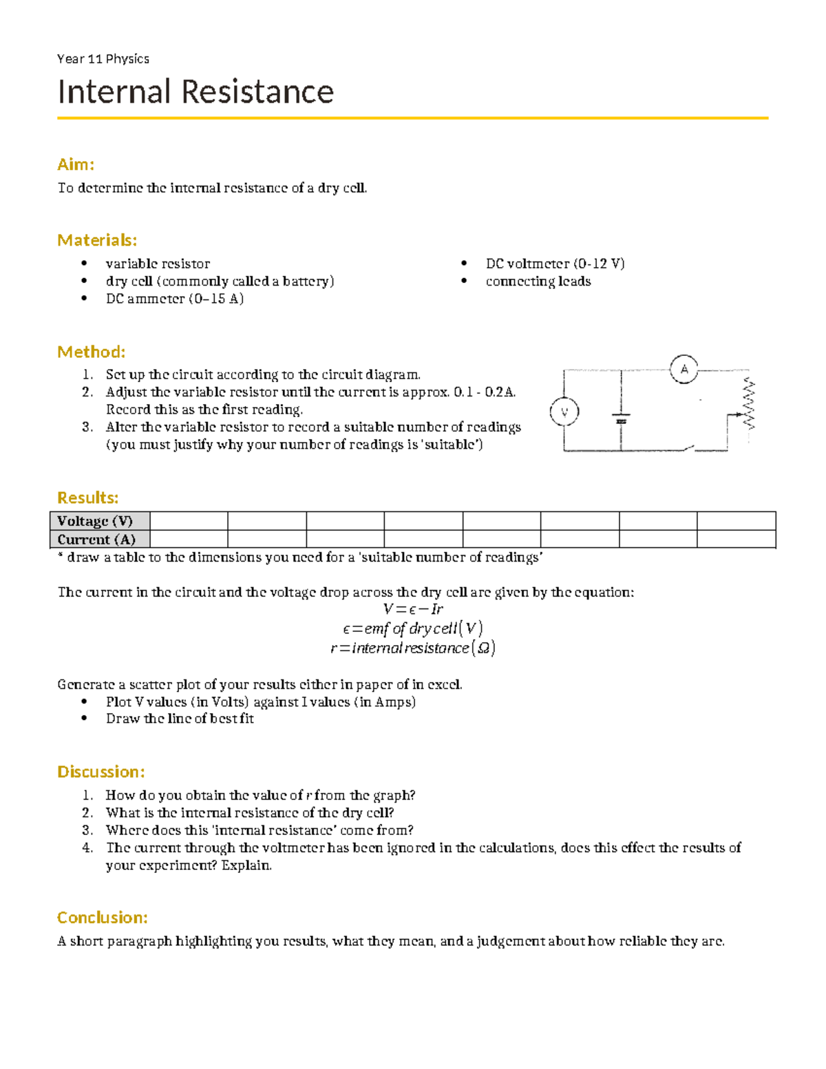 Year 11 Physics Internal Resistance Experiment Report - Studocu