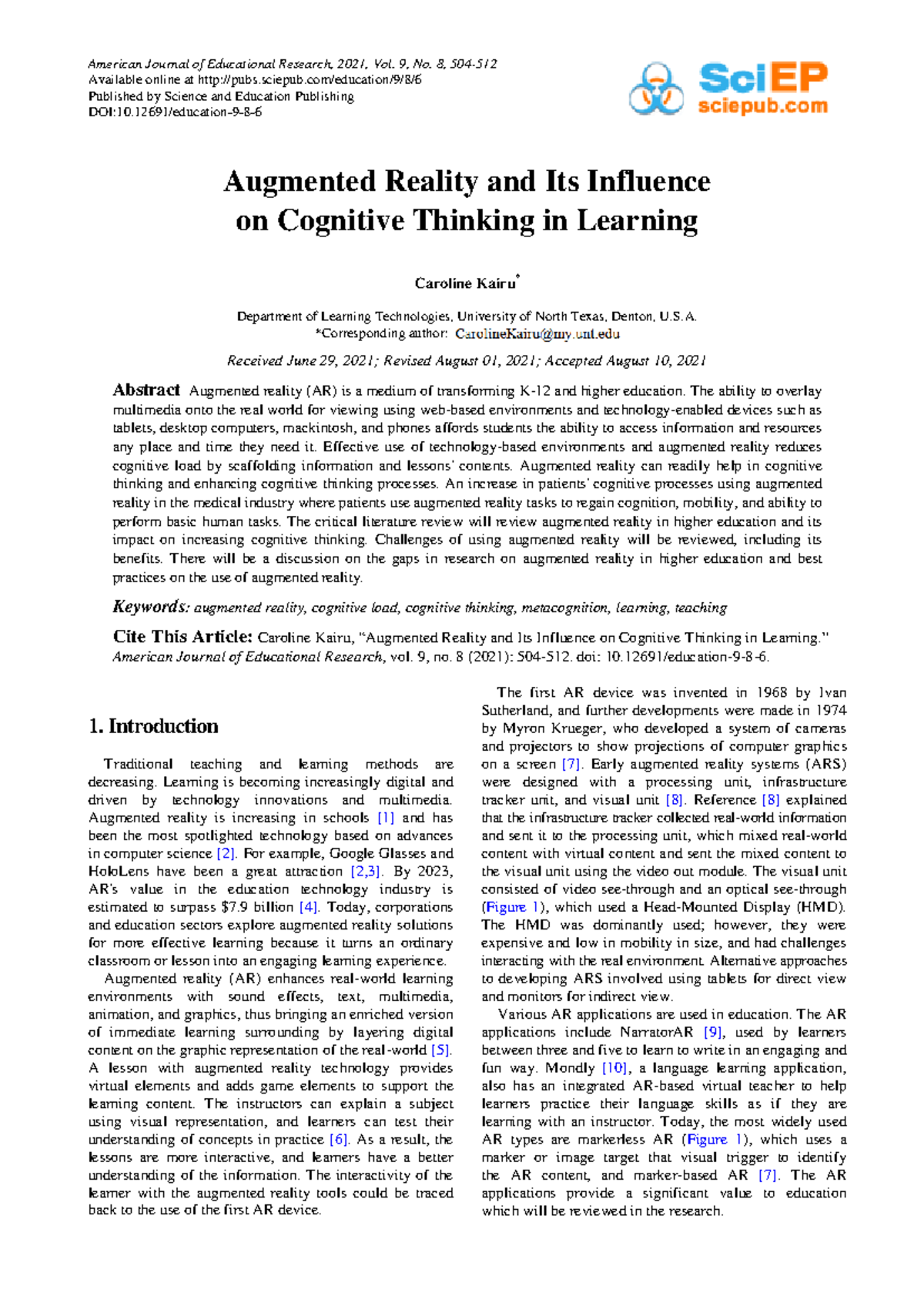 Augmented Reality's Impact on Cognitive Thinking in Education (EDUC ...
