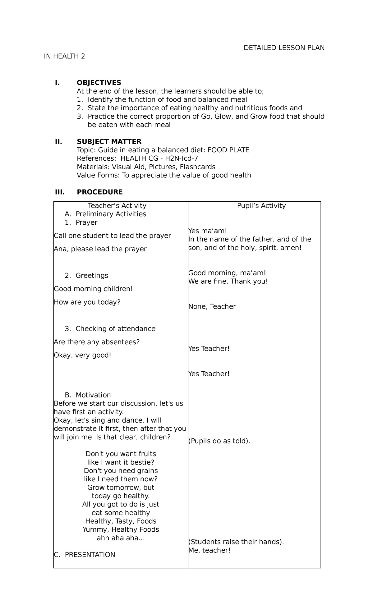 DLP IN HEALTH 2: Comprehensive Lesson Plan on Balanced Diet - Studocu
