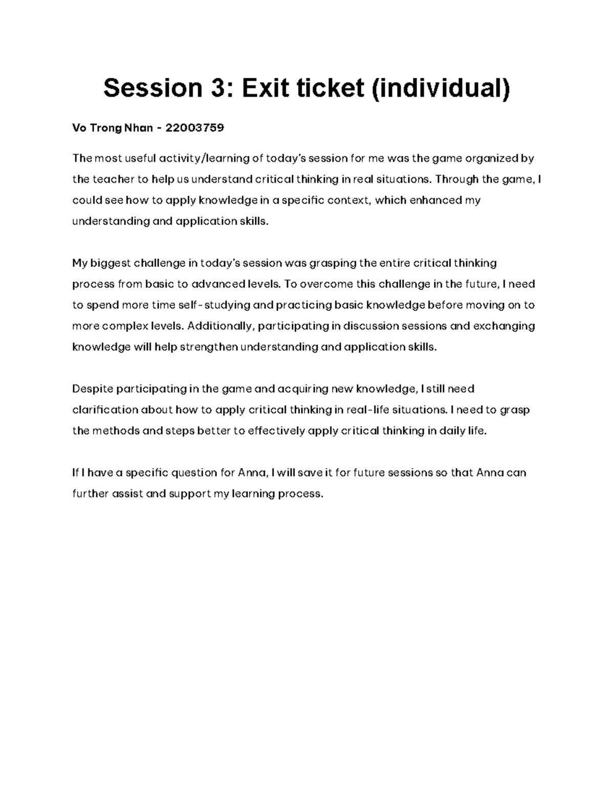 BAS 22003759 Session 3: Individual Exit Ticket Reflection - Studocu