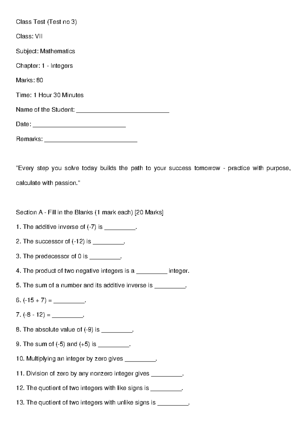 Class 7 ICSE Maths Chapter 1 Integers Test - Class Test (Test no 3 ...