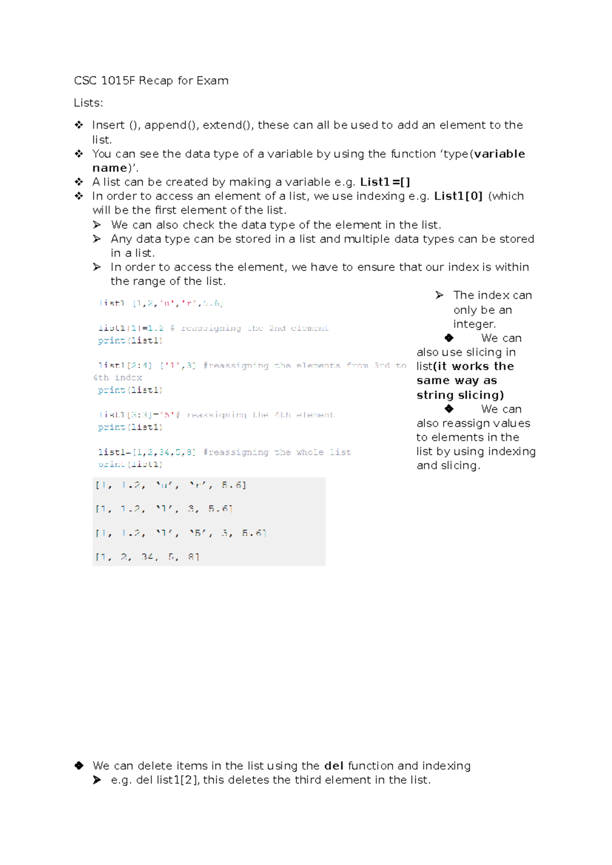 Recap for Exam for python - CSC 1015F Recap for Exam Lists: Insert ...