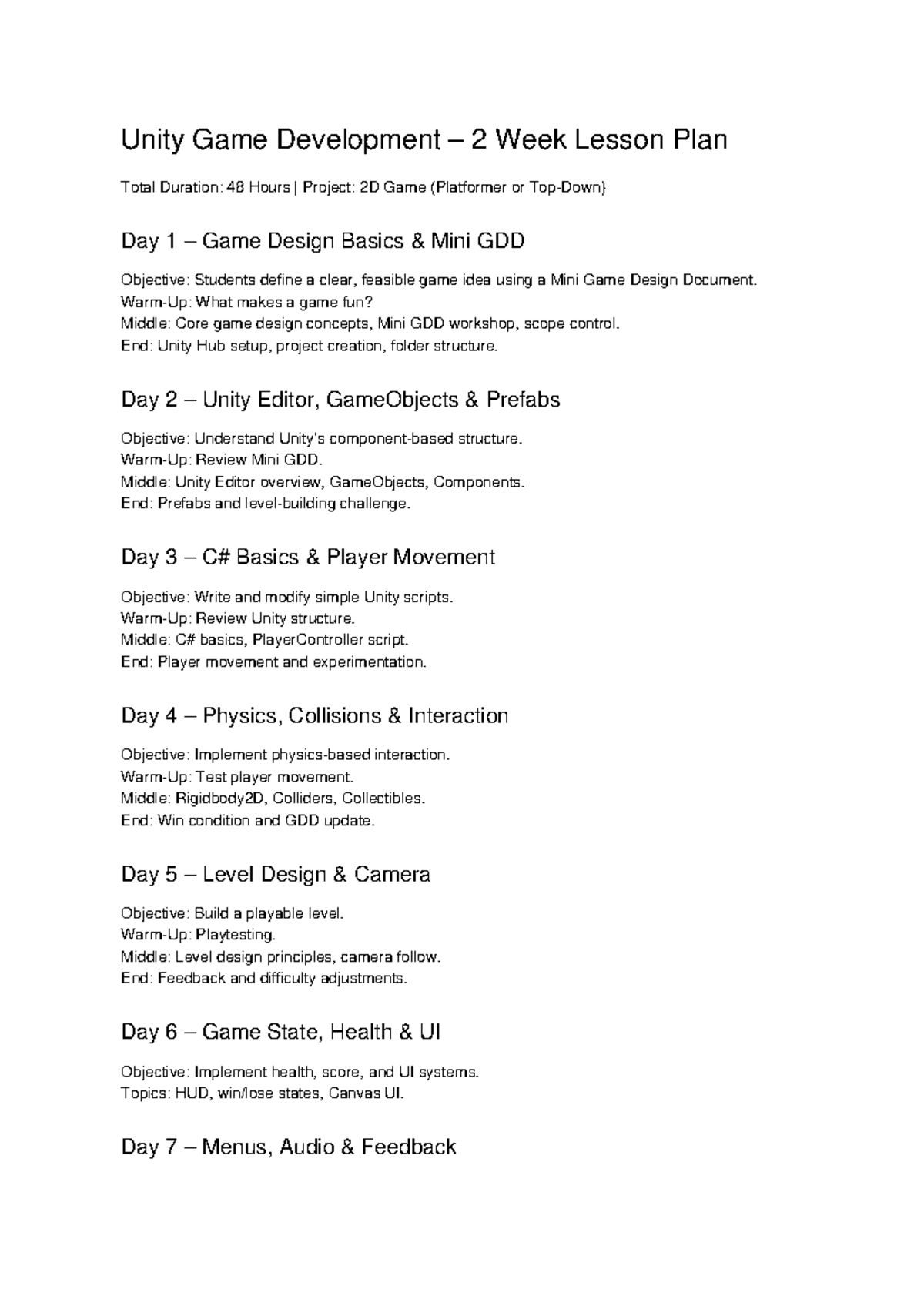 Unity 2 Week Game Dev Lesson Plan: 48-Hour Project Overview - Studocu
