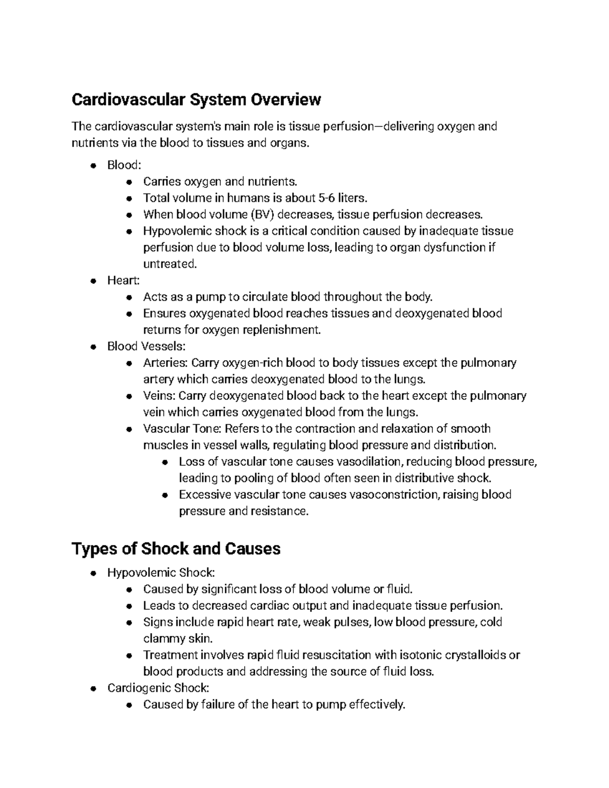 Cardiovascular System Overview: Key Concepts and Shock Types - Studocu