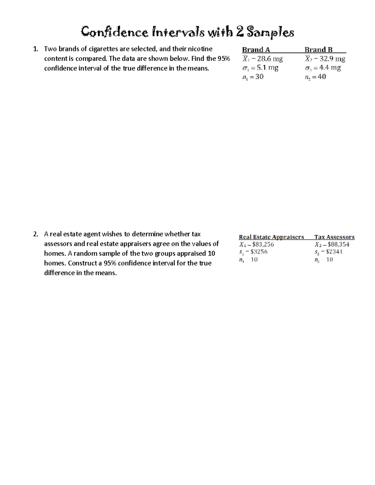 CI 2 Samples Worksheet - Confidence Intervals in Statistics - Studocu