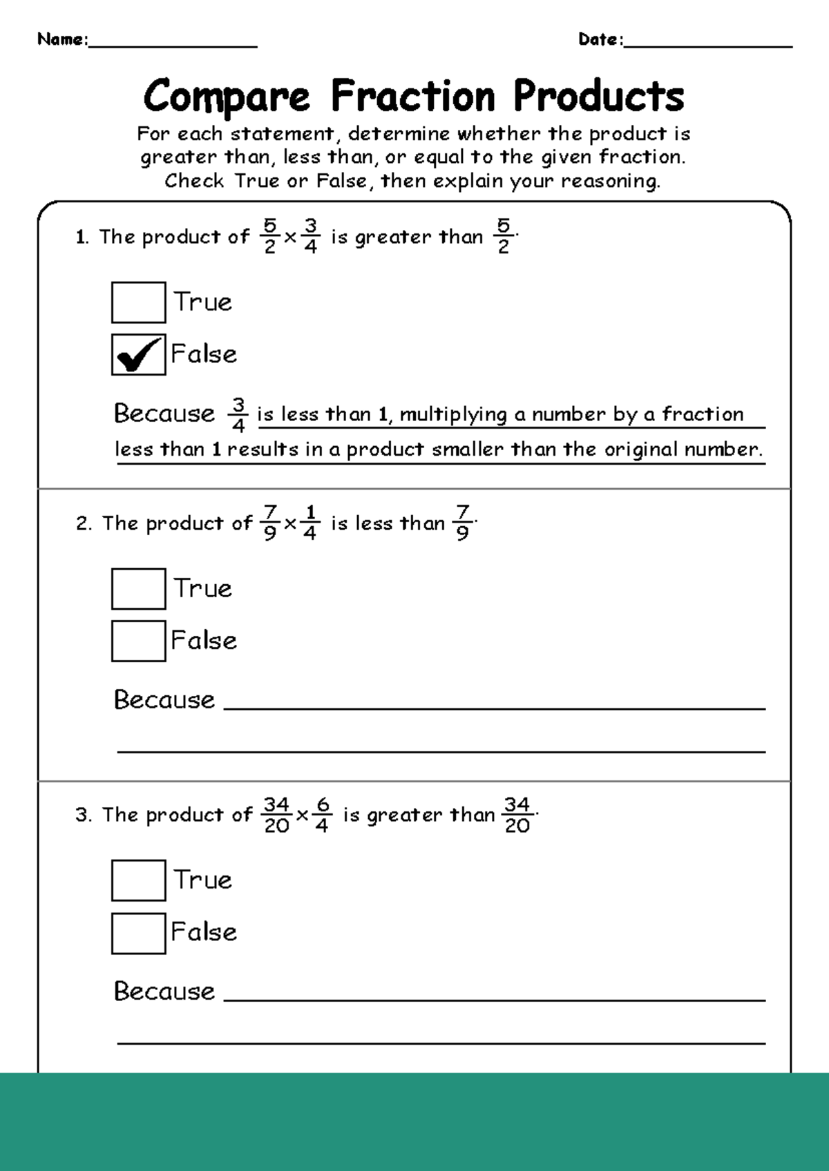 Comparing Fraction Products - 5th Grade Math Worksheet - Studocu