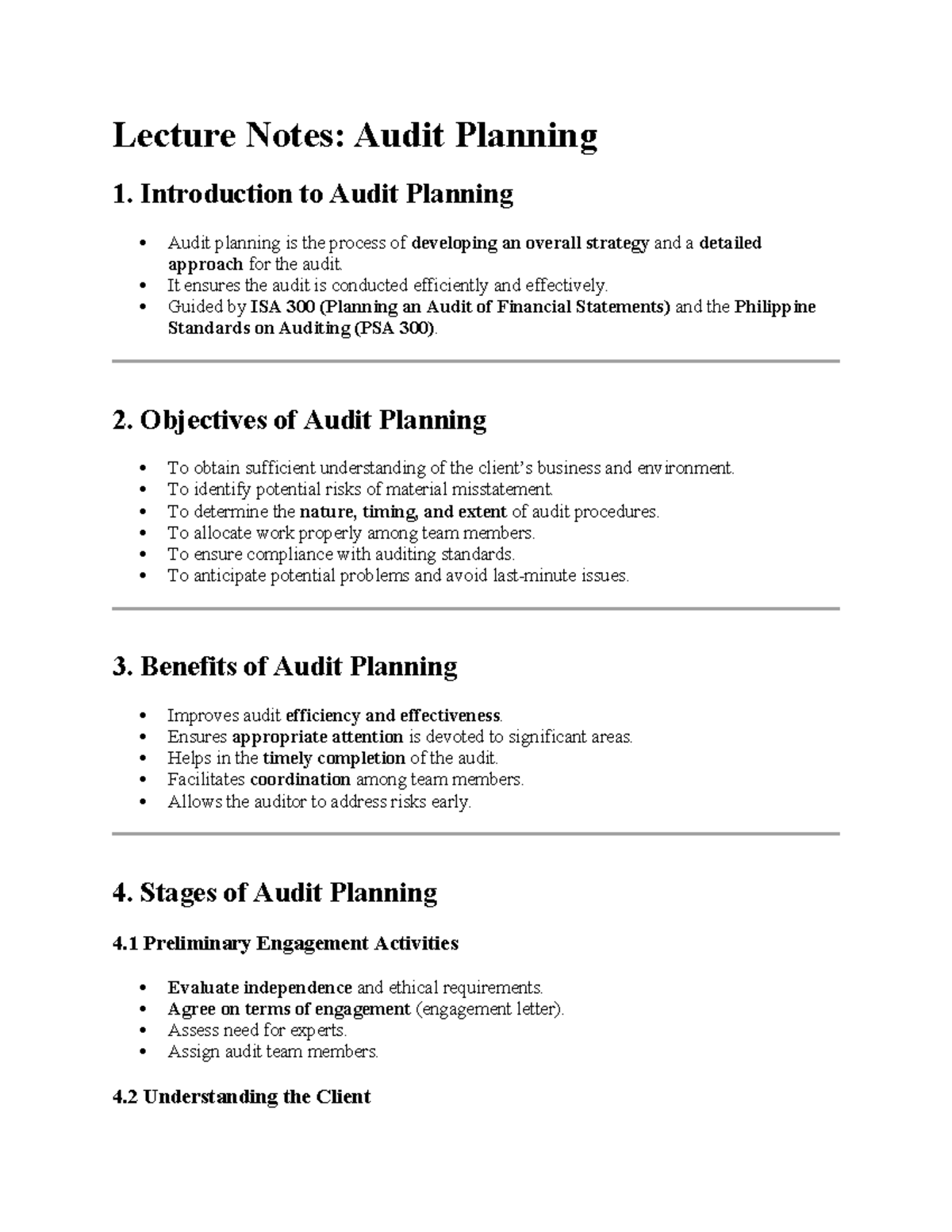 Auditing Planning - Lecture Notes: Audit Planning 1. Introduction to ...