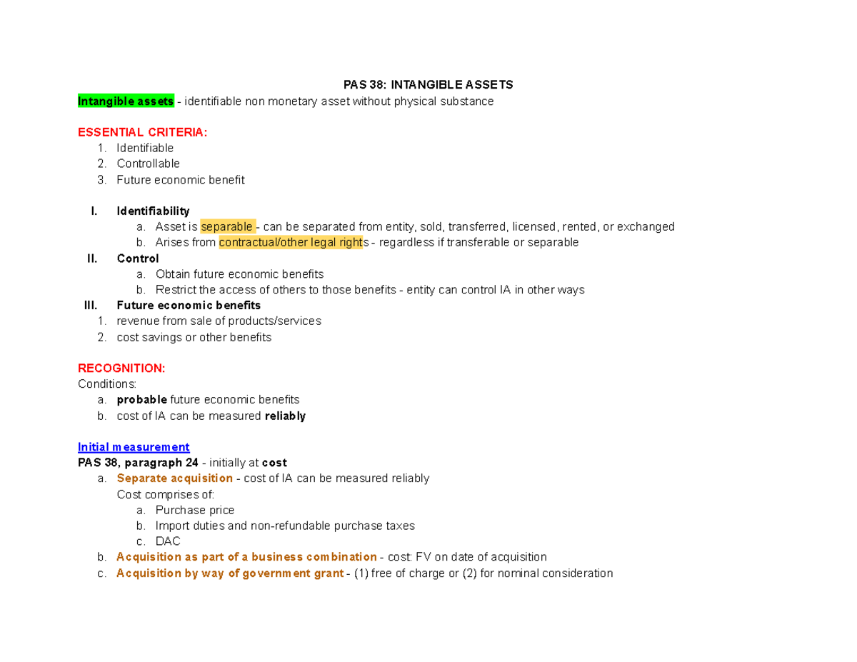 Intangible Assets Overview - Intermediate Accounting 1 Notes - Studocu