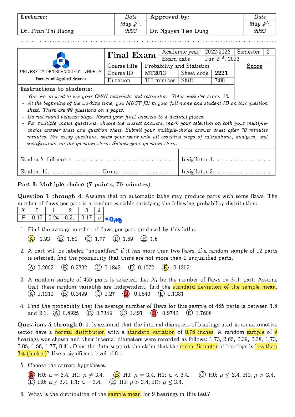 Probability and Statistics Final Exam MT2013 - Semester 2 2023 - Studocu