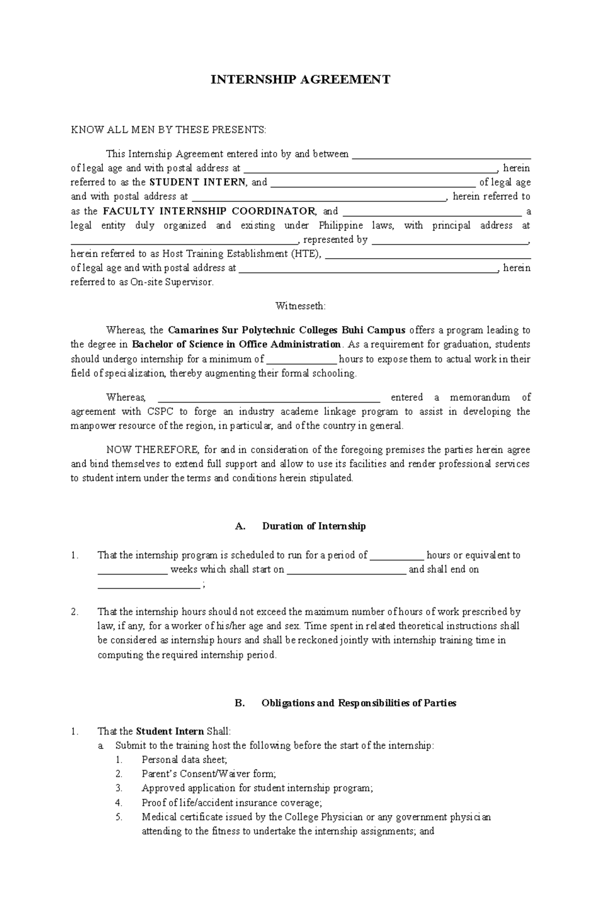 Internship Agreement for BS in Office Administration (CSPC) - Studocu