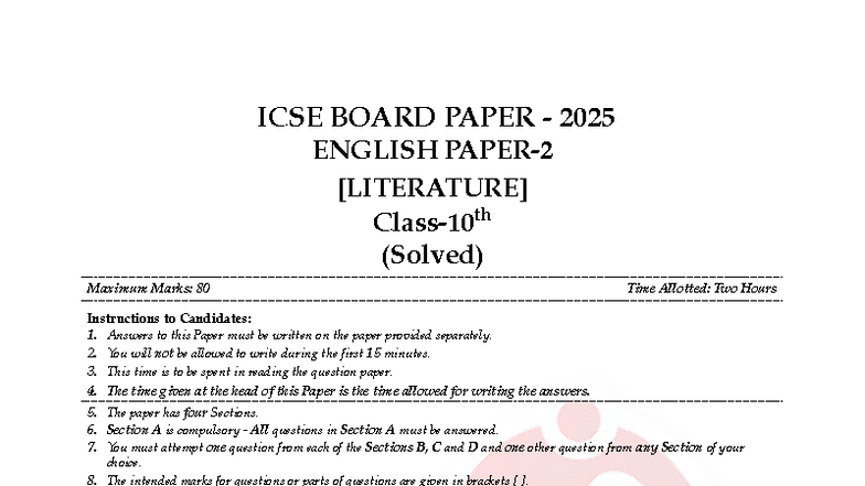ICSE ENGLISH LIT PAPER 2 PRACTICE (Solved) 2025 - Studocu