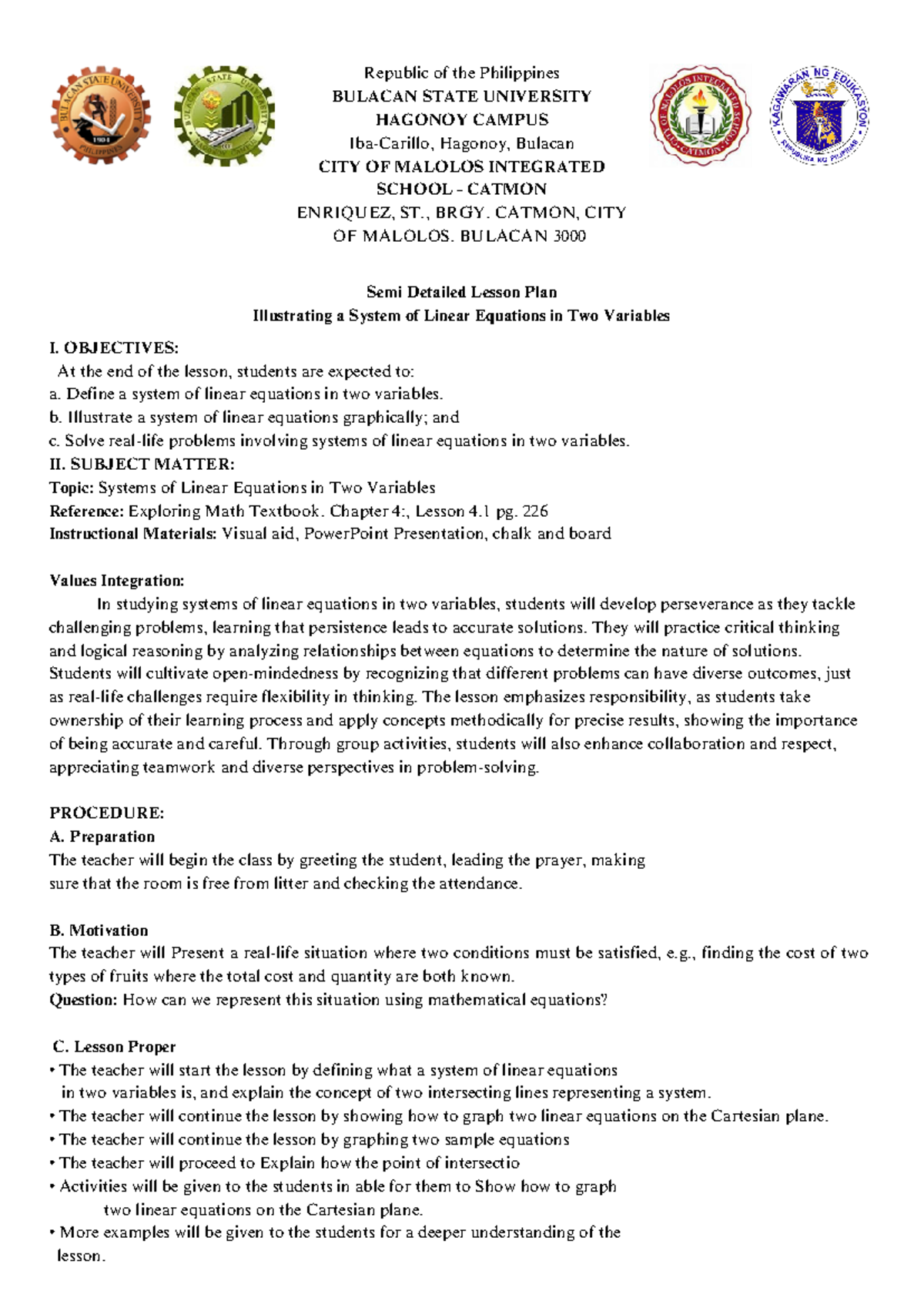 SDLP - Detailed Lesson Plan on Systems of Linear Equations - Studocu