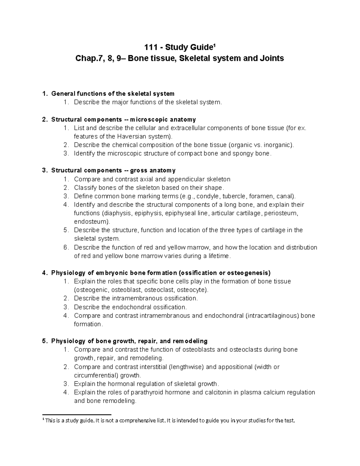 Skeletal System Study Guide: Ch. 7, 8, 9 - Functions & Anatomy - Studocu