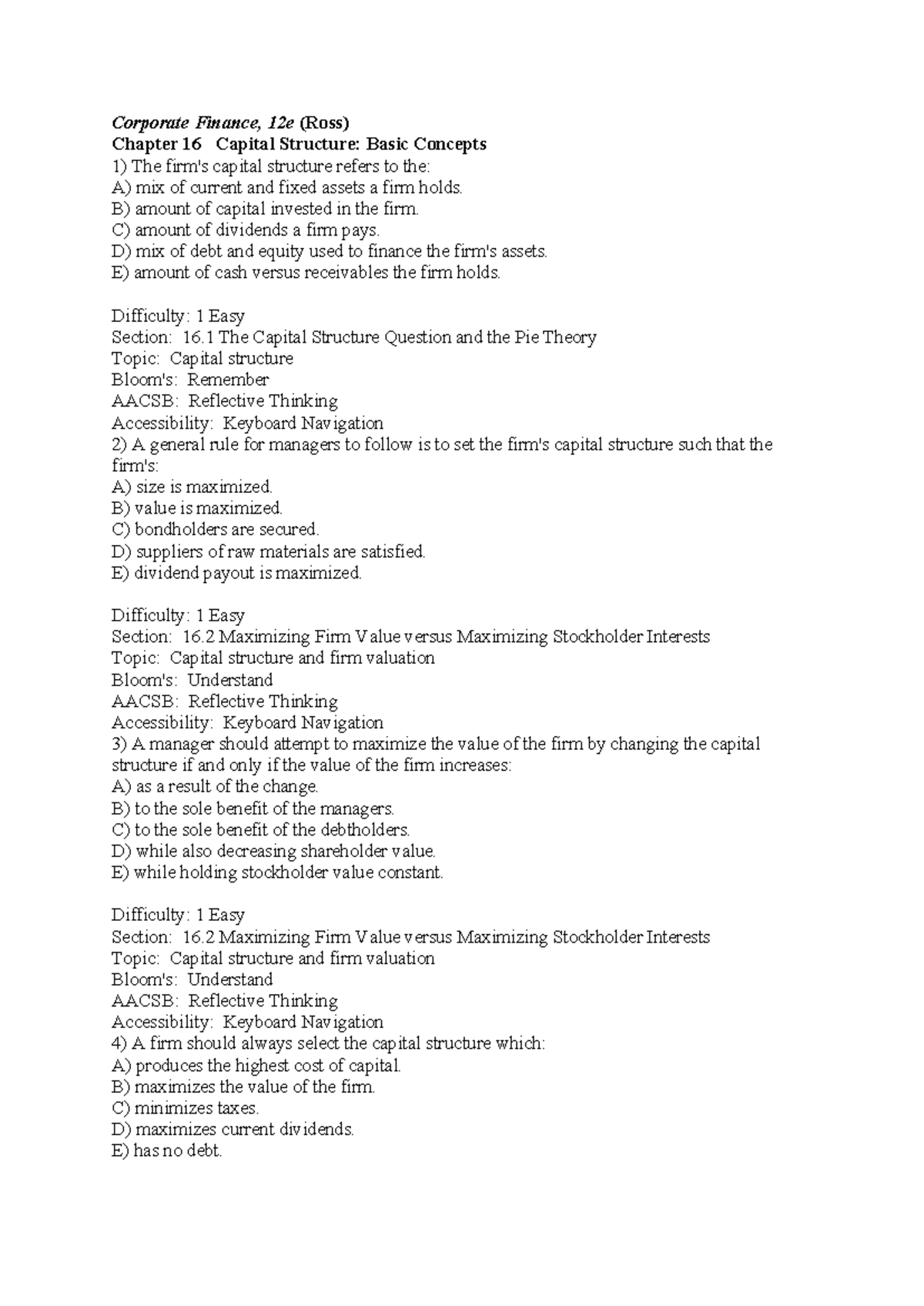 Corporate Finance, 12e (Ross) Chapter 16: Capital Structure Concepts - Studocu