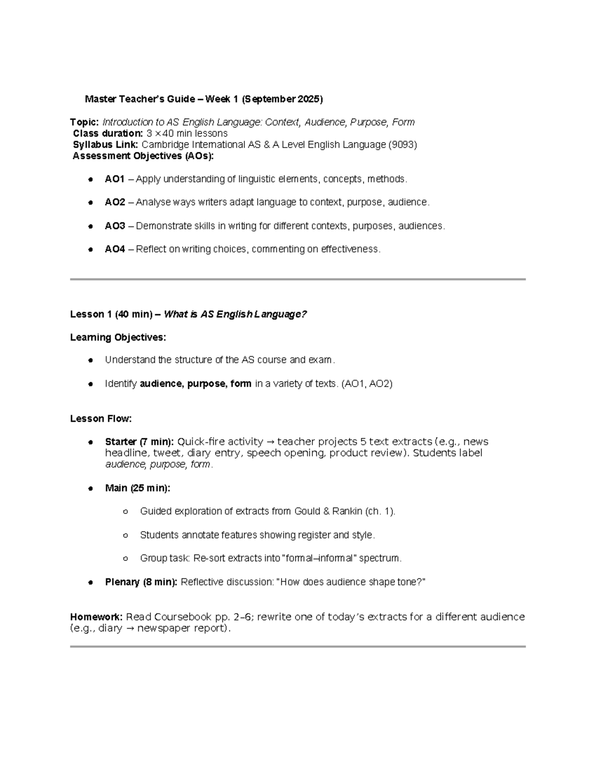 Master Teacher's Guide: AS English Language (9093) Week 1 Overview ...
