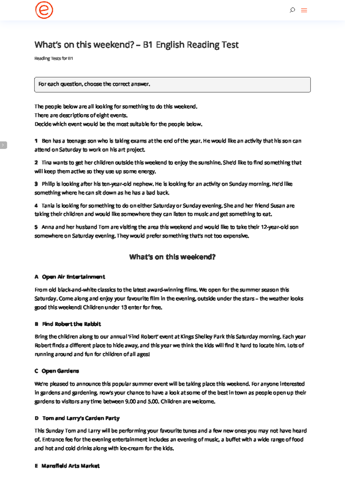 B1 English Reading Test: Weekend Activities for Families - Studocu