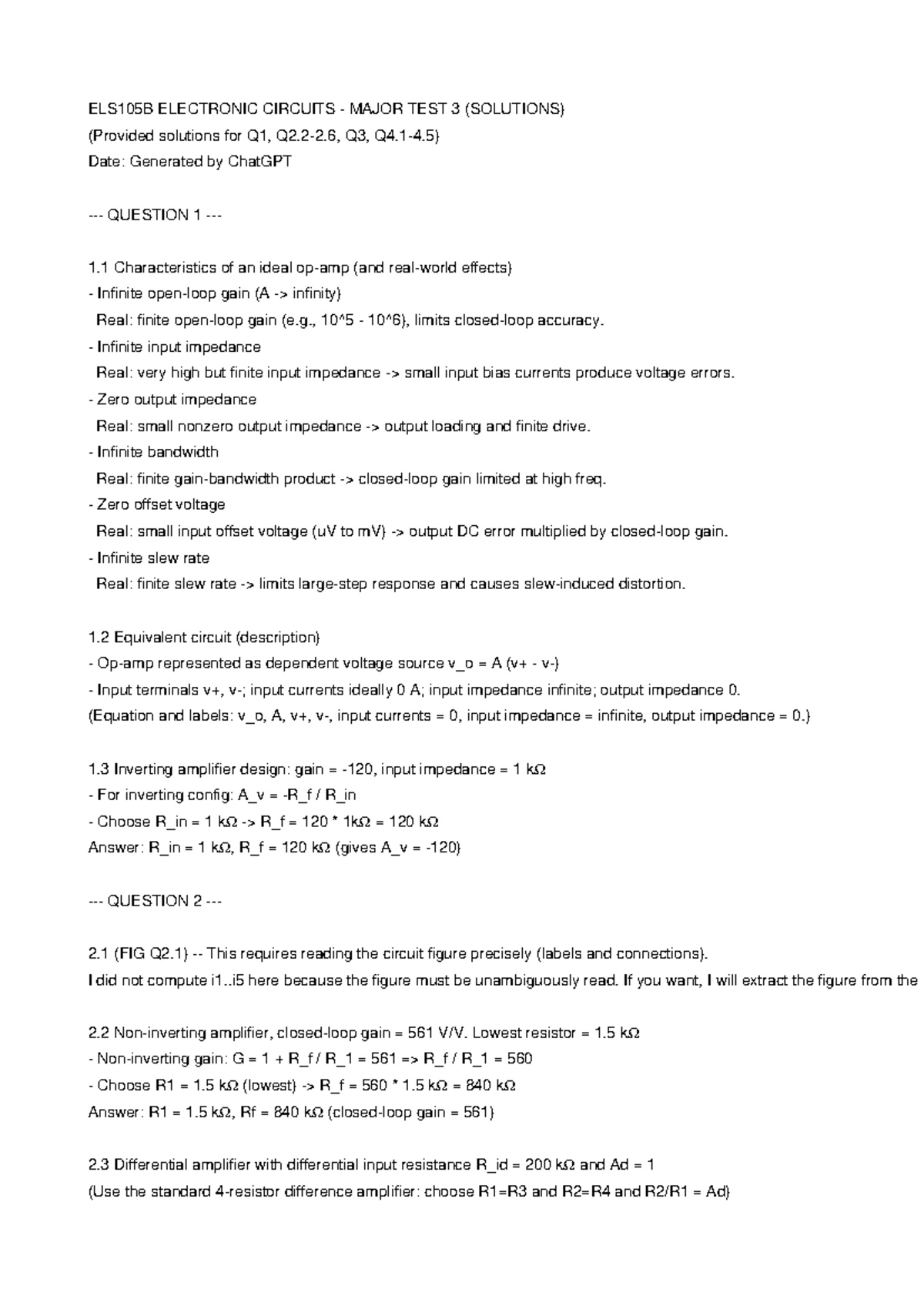 ELS105B ELECTRONIC CIRCUITS MAJOR TEST 3 SOLUTIONS (PARTIAL) - Studocu