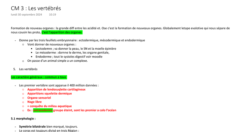 CM 3 : Les Vertébrés - Notes de Cours Complémentaires - Studocu