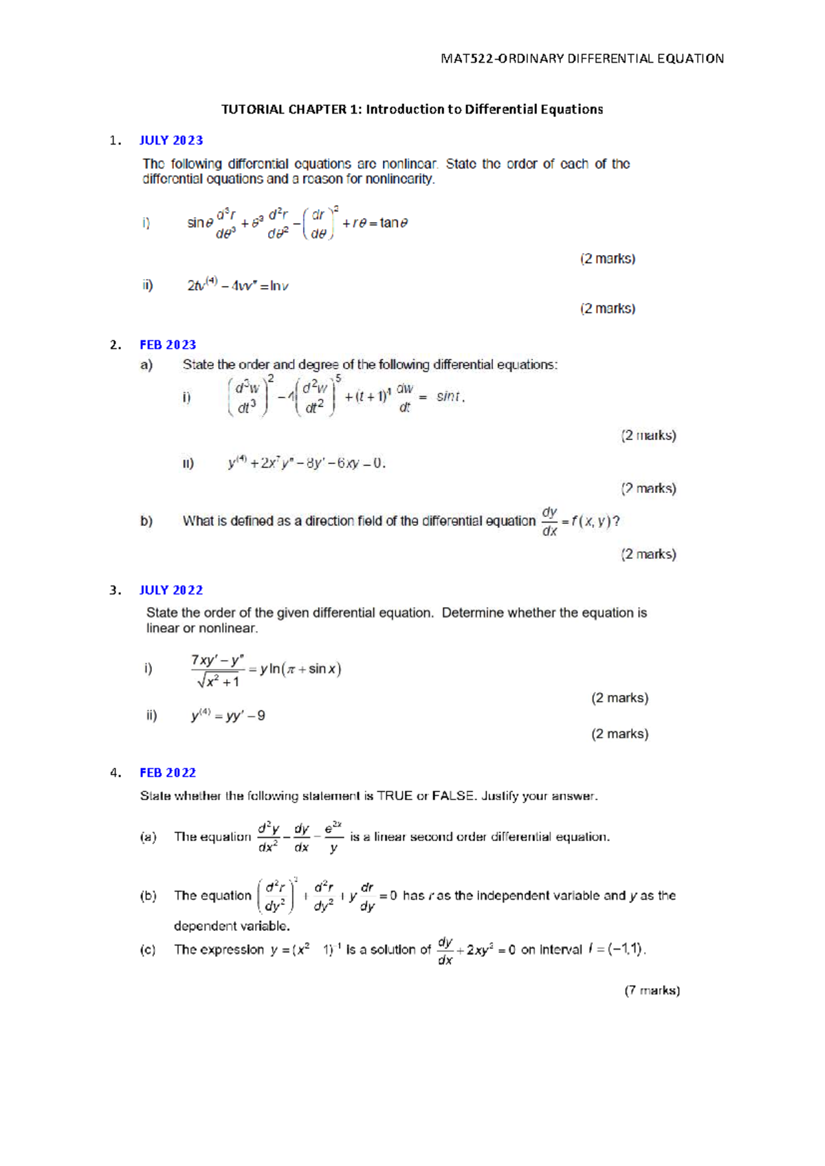 MAT522 Tutorial 1 (Chapter 1) Question - Mathematics - MAT522-ORDINARY ...