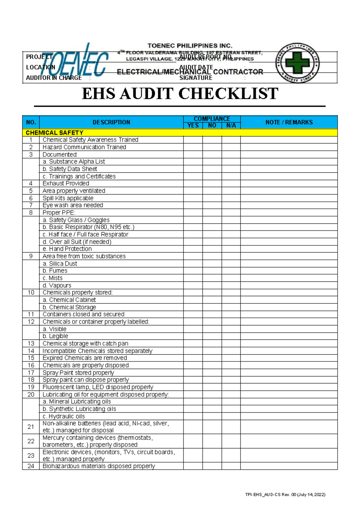 EHS Audit Report TPI-EHS-AUD 001: Chemical Safety Checklist - Studocu