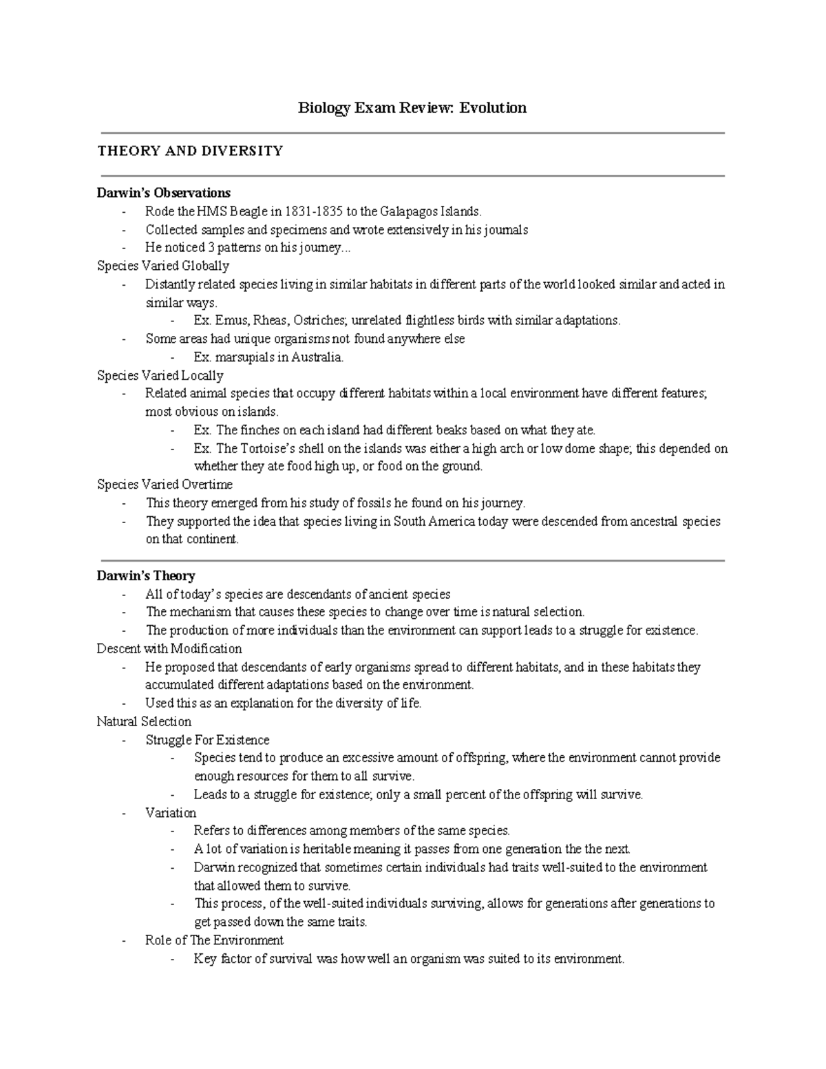 Biology 101 FINAL EXAM Review: Evolutionary Theory and Evidence - Studocu
