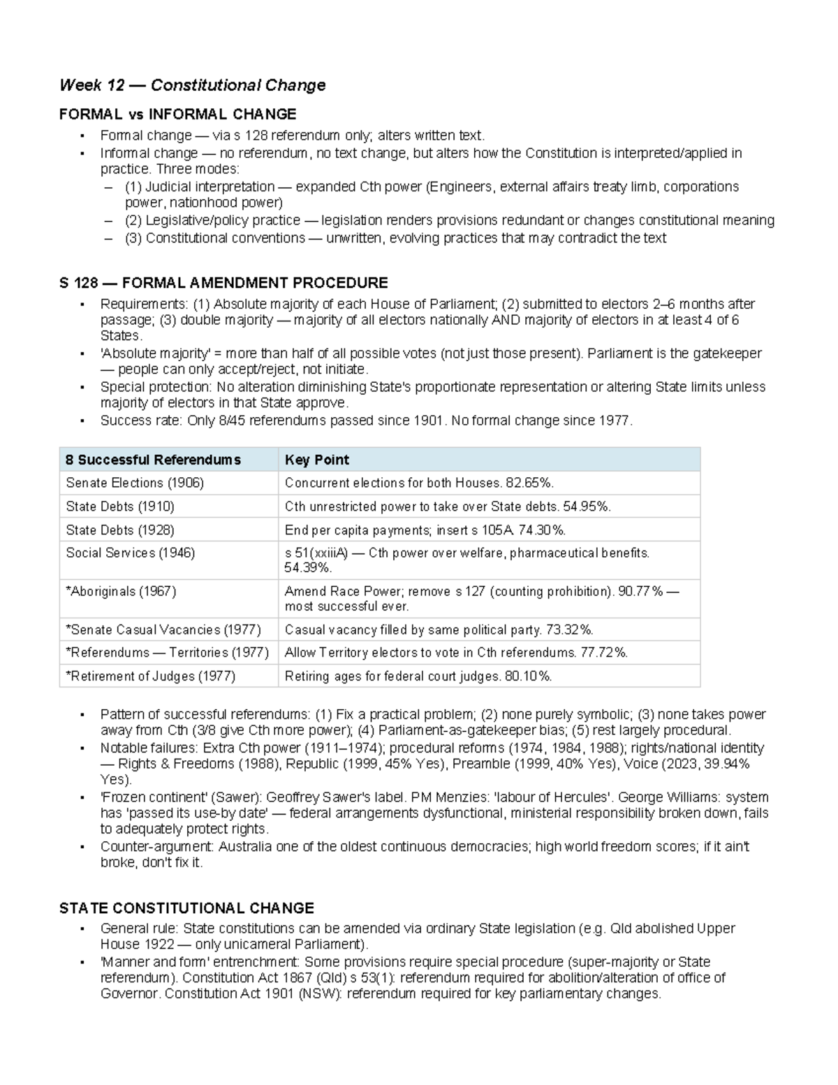 LAWS3000 Week 12 Exam Notes: Constitutional Change Overview - Studocu
