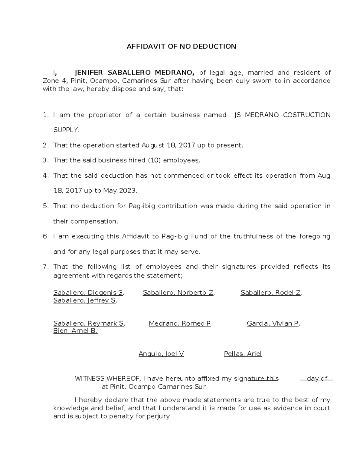 Affidavit of No Deduction for Pag-ibig Contributions by J. Medrano - Studocu