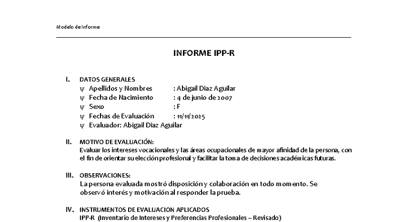 Informe de Evaluación de Intereses Vocacionales - IPP-R - Studocu