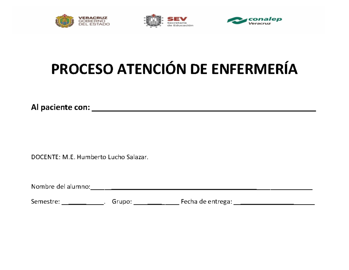 Formato PAE - Enfermería para Proceso de Atención al Paciente - Studocu