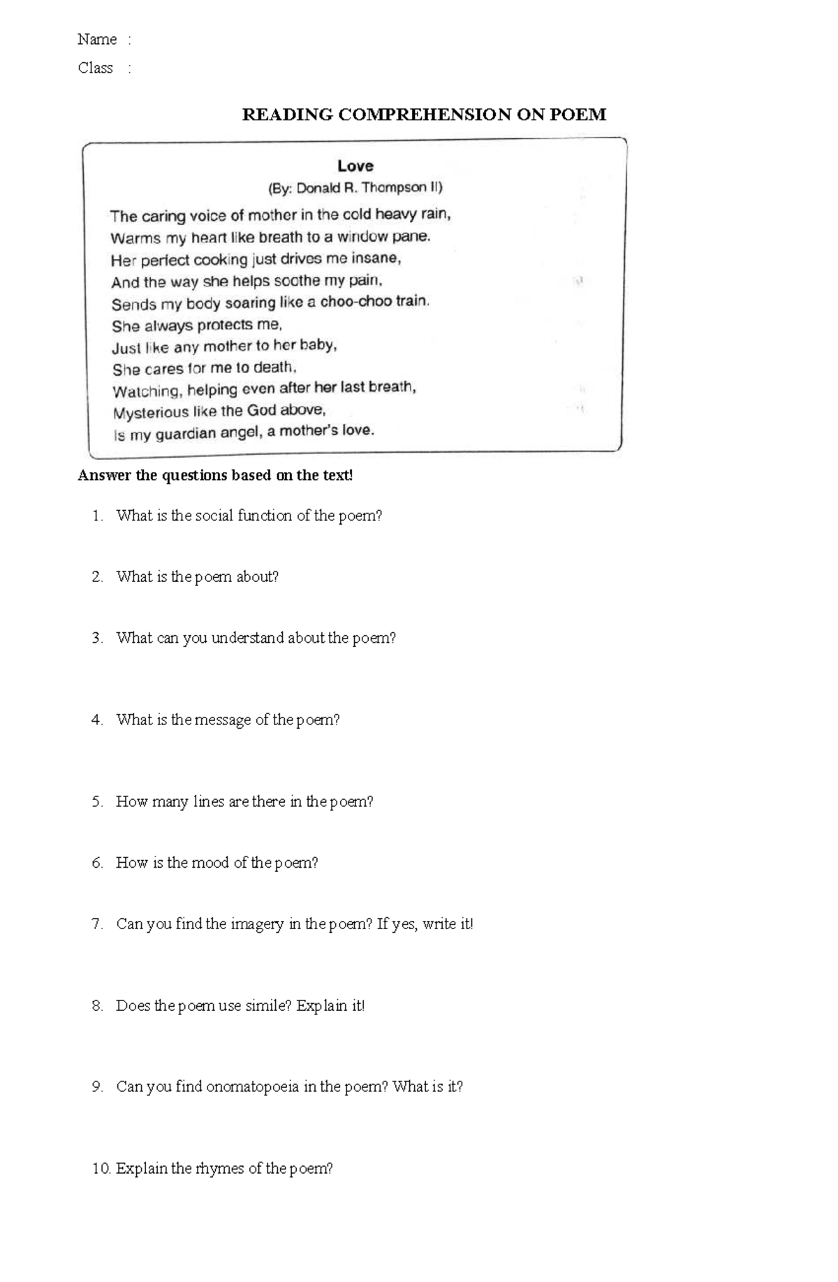 ENG 101: Reading Comprehension on Poem Analysis Questions - Studocu