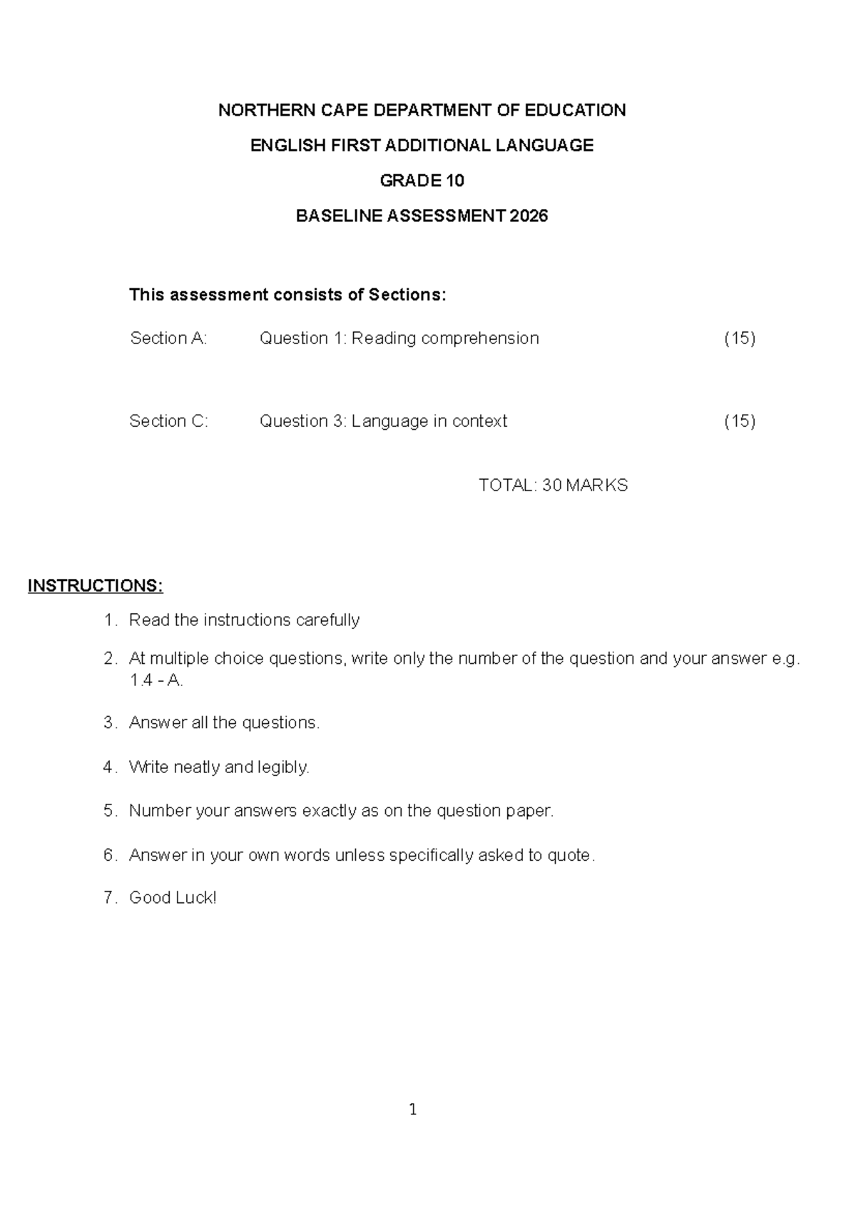 Grade 10 English FAL Baseline Assessment 2026: Comprehension & Language ...