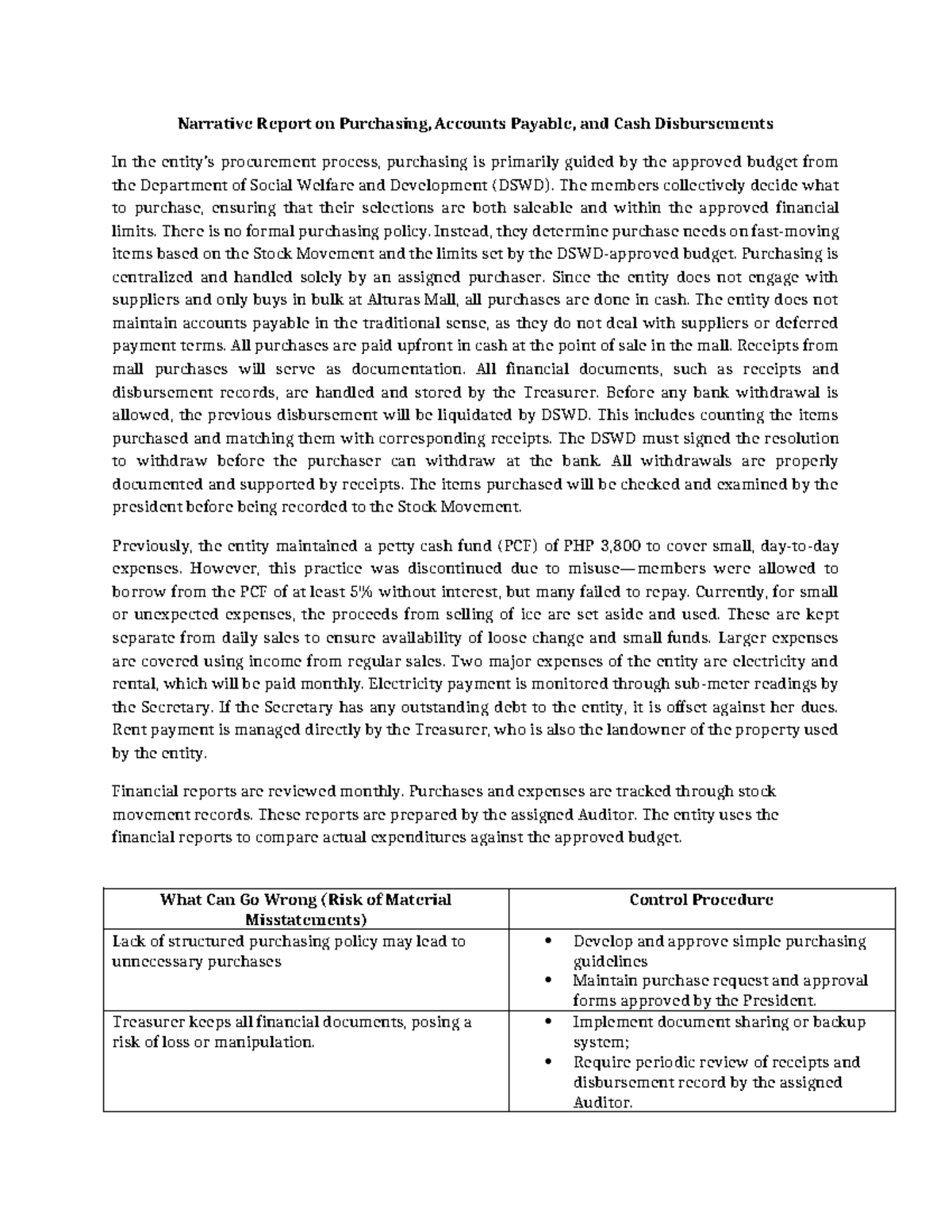Narrative Report on Purchasing, AP, and Cash Disbursements - Risk ...
