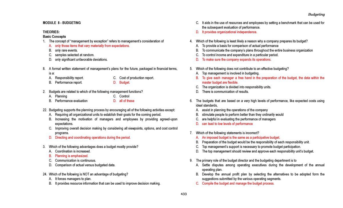 Budgeting MCQ - Lecture notes 1-5 - MODULE 8 - BUDGETING THEORIES ...