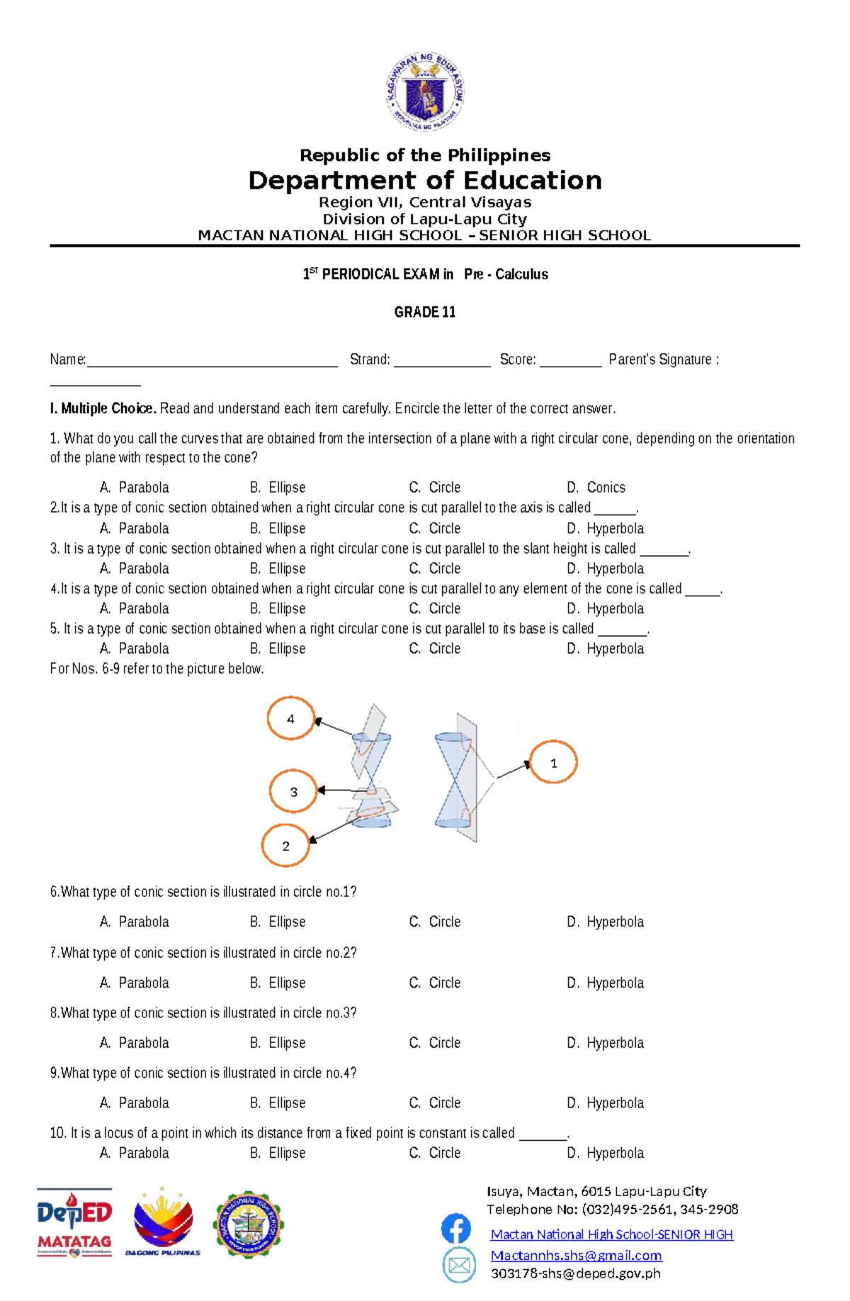 Grade 11 Pre Calculus Q1 Periodical Exam with Answer Key - Studocu