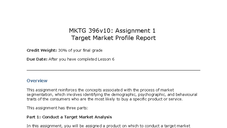 MKTG 396v10: Target Market Profile Analysis Assignment - Studocu