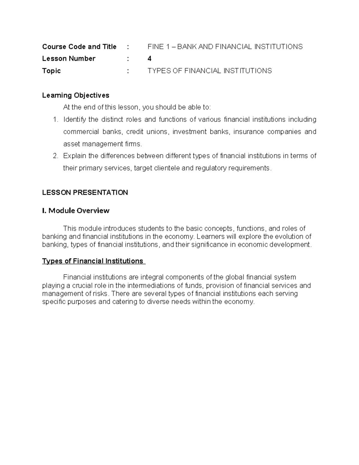 FINE 1: Lesson 4 - Types of Financial Institutions in Banking - Studocu