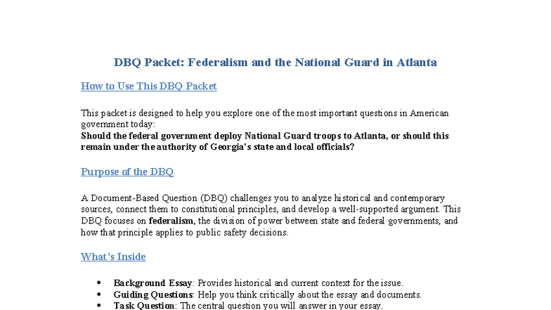 DBQ Packet: Federalism & National Guard Deployment in Atlanta - Studocu